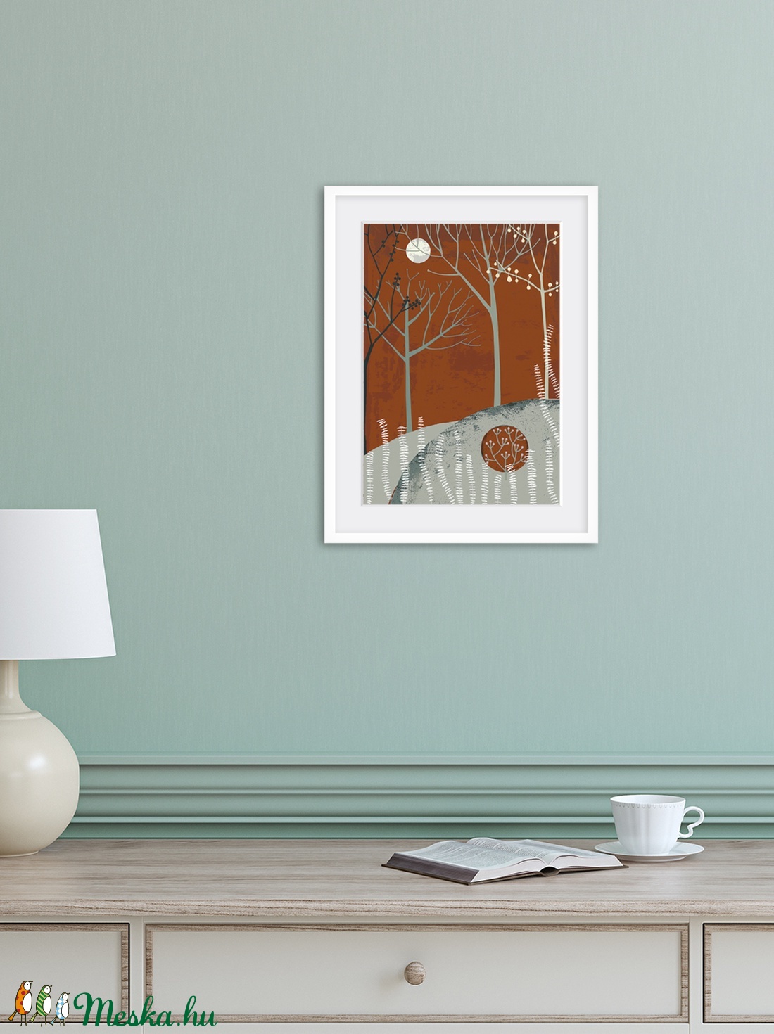 Erdő holddal - kék, okker illusztráció, domb, erdő, fa, fali kép, rajz ...