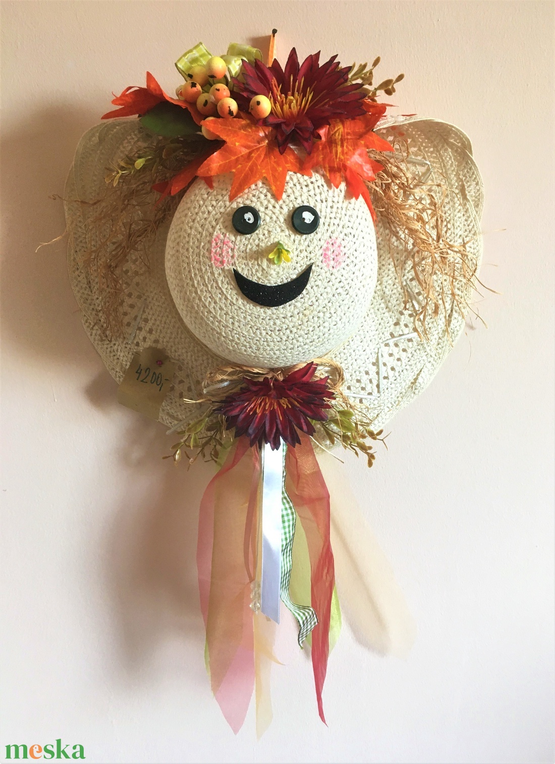 Vidám őszi ajtódísz szalmakalapból- Meska.hu