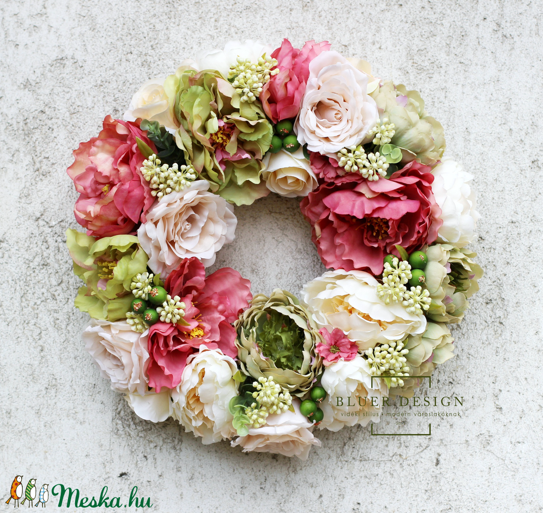 Vintage tavaszi koszorú - virág koszorú - virágkoszorú - ajtódísz- Meska.hu