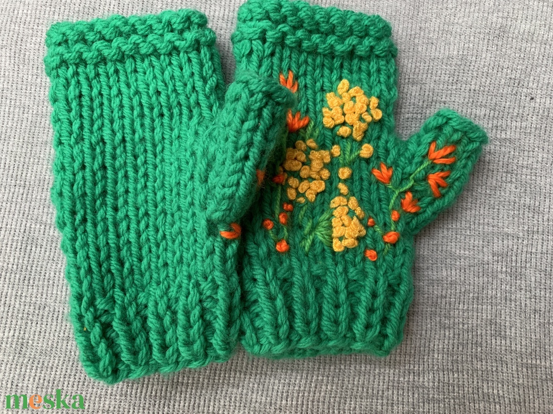 Kesztyű, Kézi kötésű fűzöld ujjatlan pamut kesztyű hímzett sárga ...
