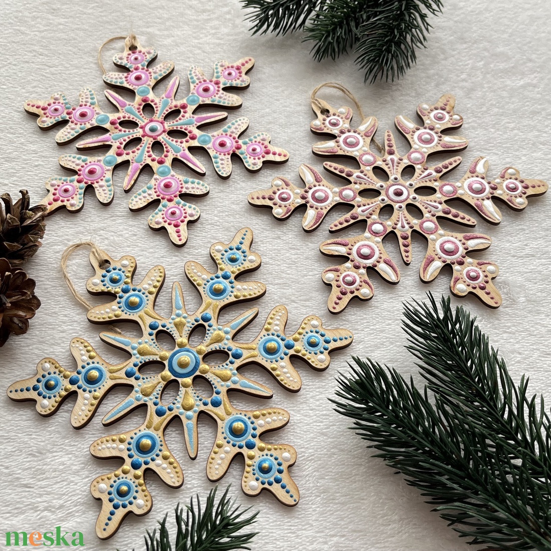 Hópehely karácsonyfadísz natúr fára festve - 3 db- Meska.hu