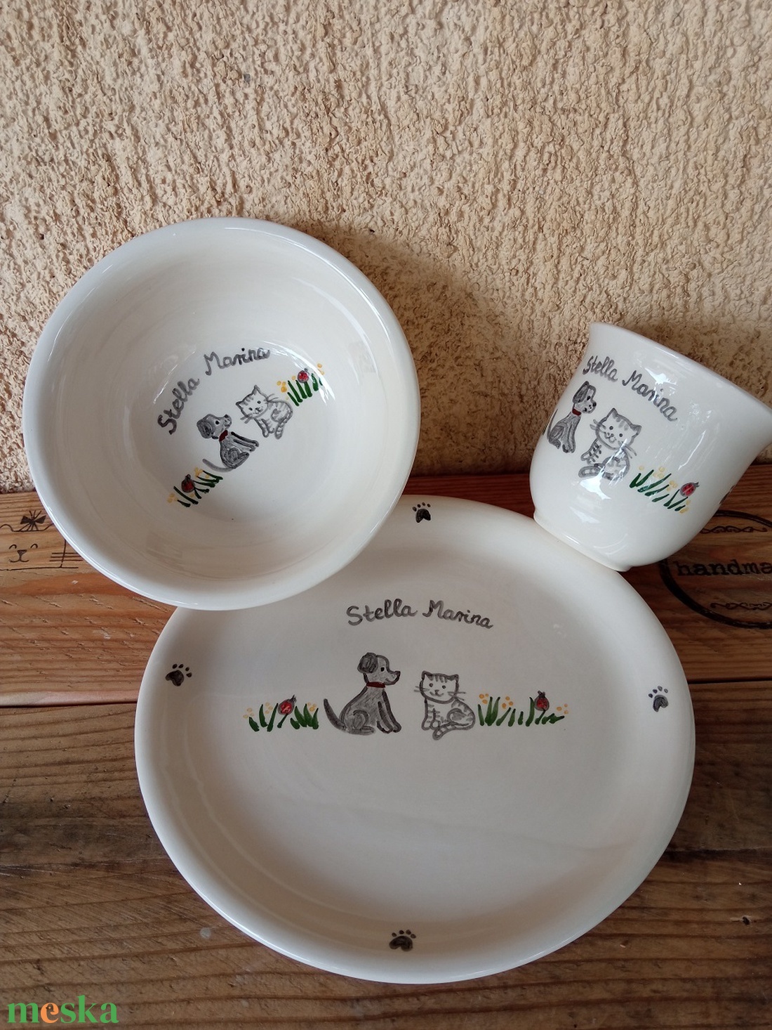 Kiskutyás-kiscicás gyerek étkészlet, 3 darabos szett- Meska.hu