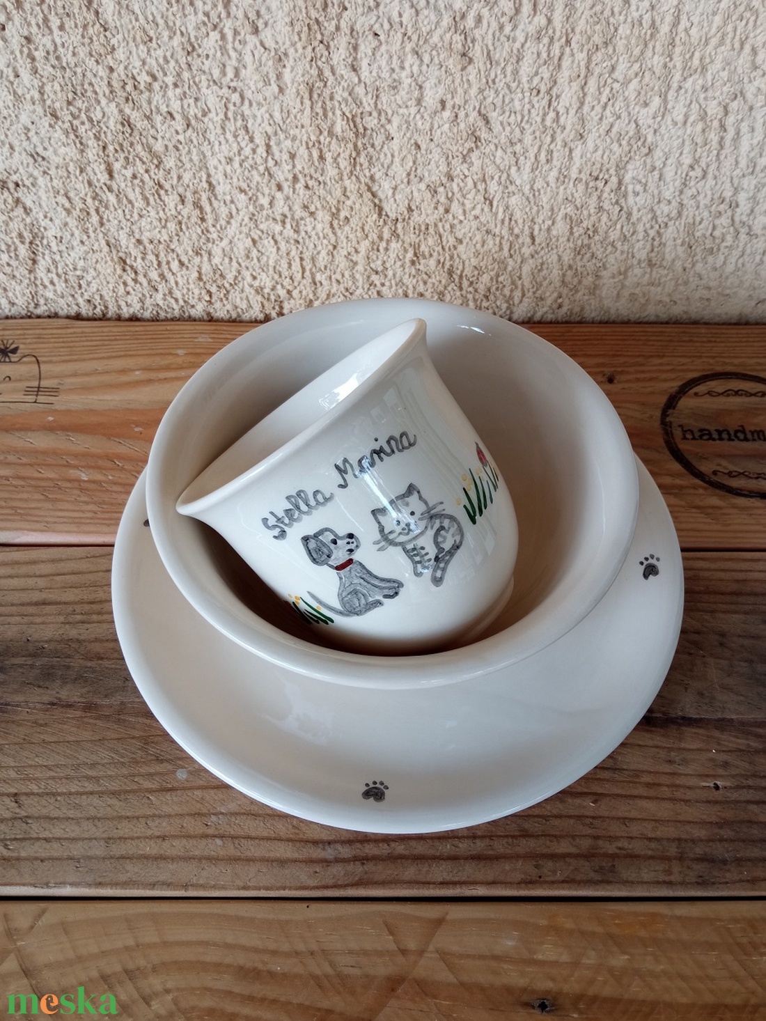 Kiskutyás-kiscicás gyerek étkészlet, 3 darabos szett- Meska.hu