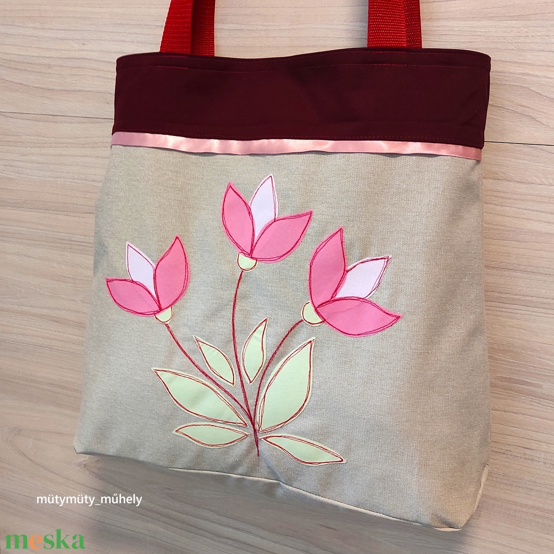 Textil táska, bevásárló táska, shopper (rózsaszín virágos)- Meska.hu