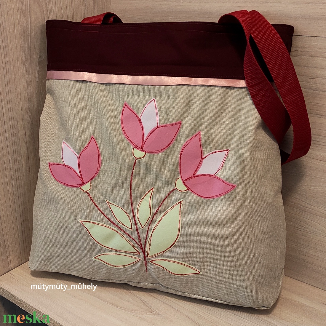 Textil táska, bevásárló táska, shopper (rózsaszín virágos)- Meska.hu