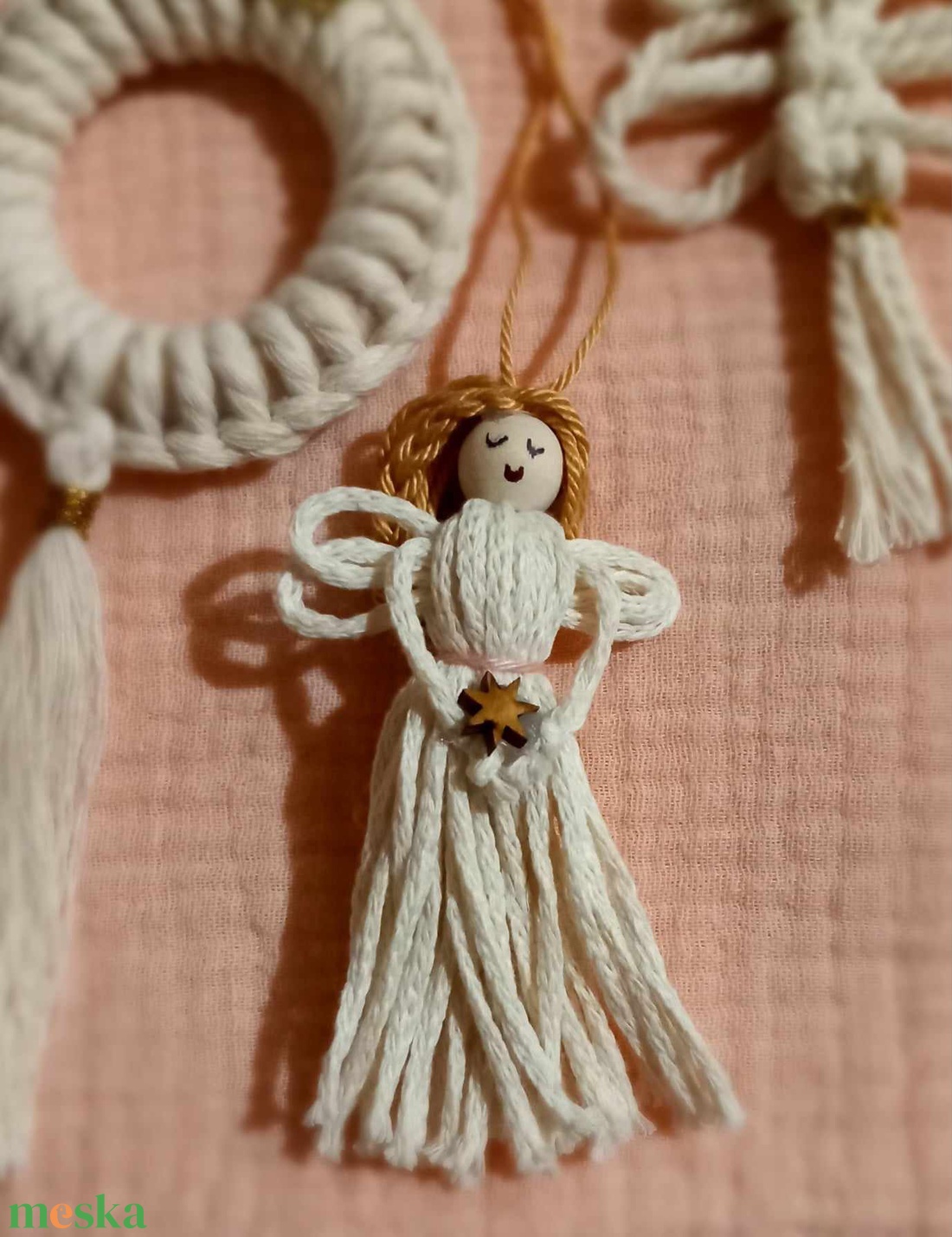 Karácsonyfadísz szett (Angyalka makramé karikával és karácsonyfával ...