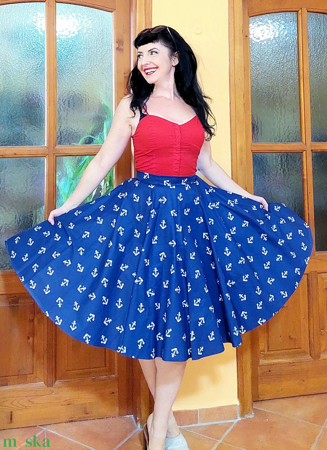 Pinup Rockabilly szoknya navy kék vasmacskás, tengerész, matróz - Meska.hu