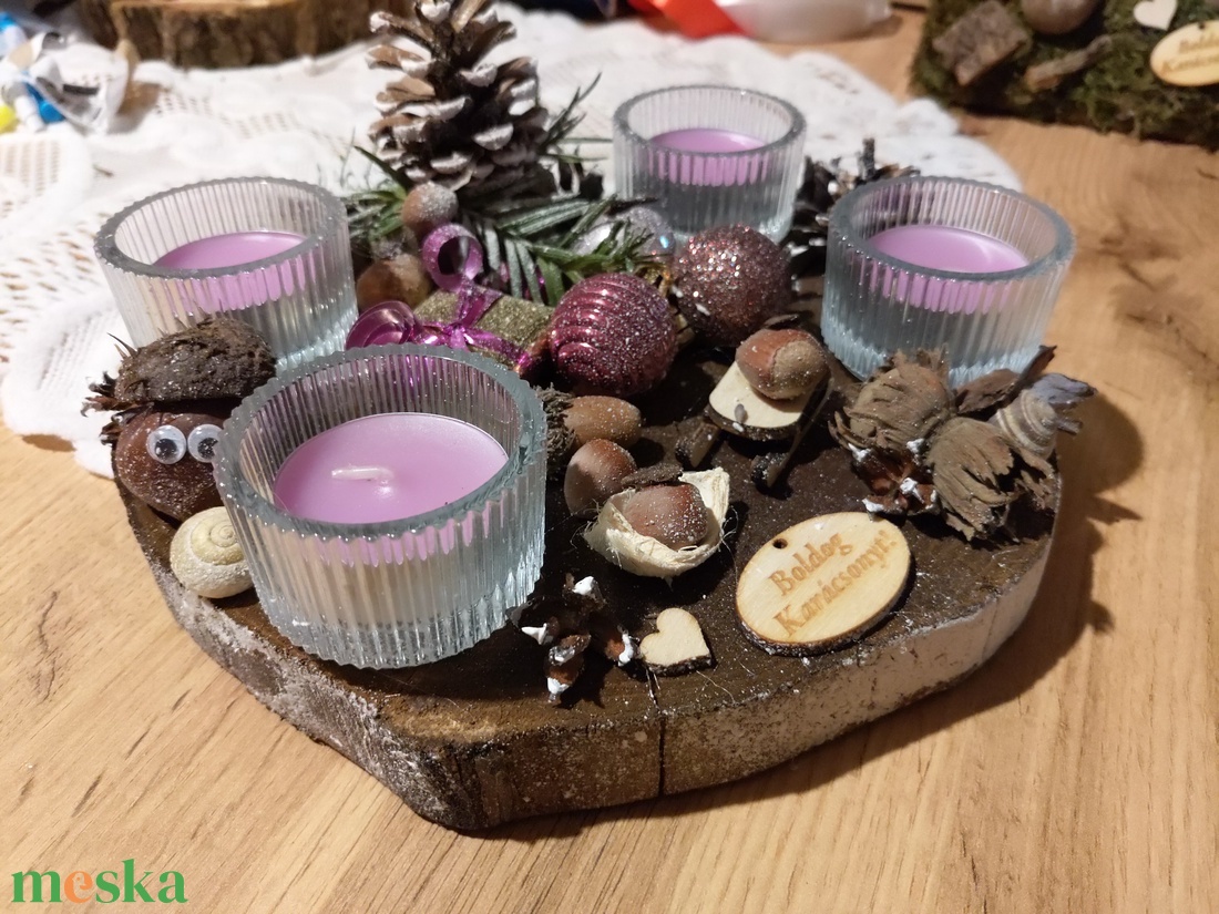Levendulás adventi farönk asztaldísz, koszorú, cserélhető mécsesekkel ...