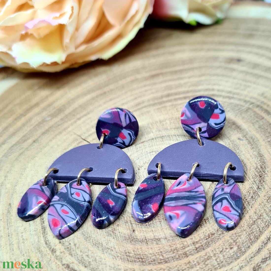 Kaleidoszkóp hatású süthető gyurma fülbevaló, piros, lila, rózsaszín ...