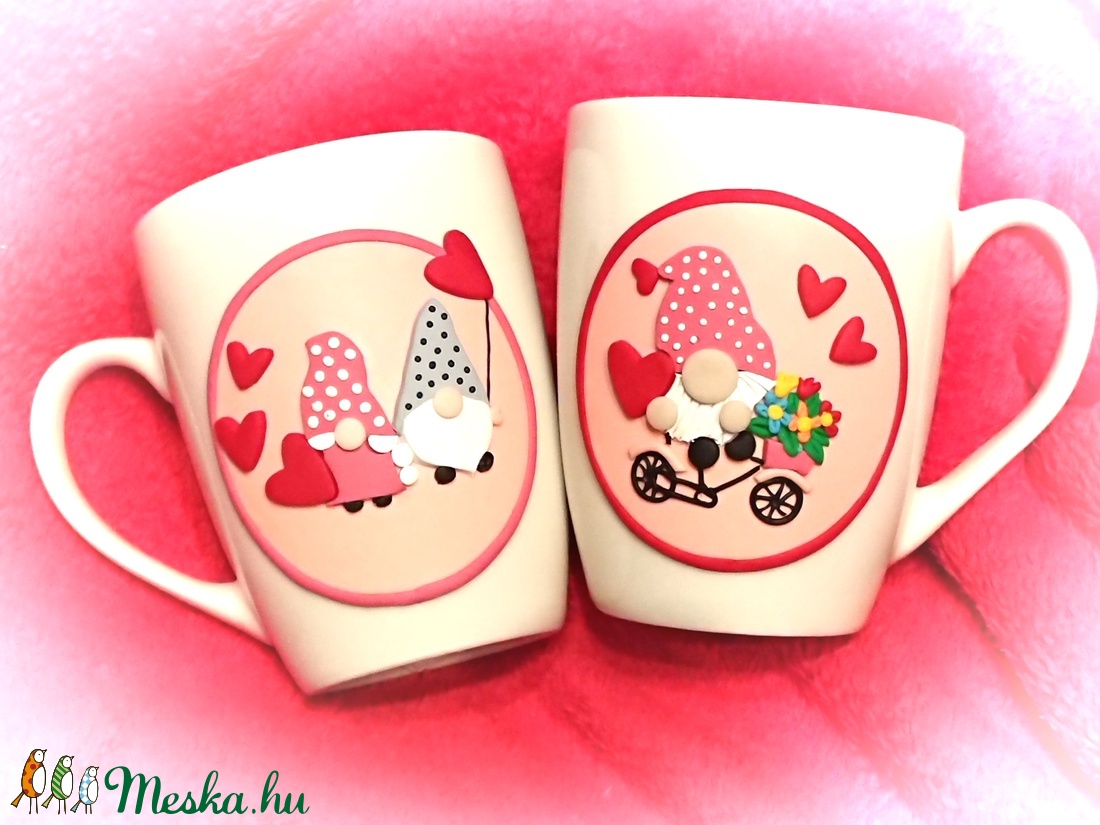Valentin napi manó pár gnóm törpe mintás bögre gyurma díszítéssel ...