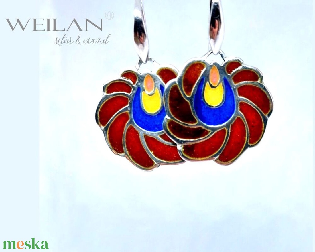 Tradíció - Matyó rózsa ezüst tűzzománc fülbevaló- Meska.hu