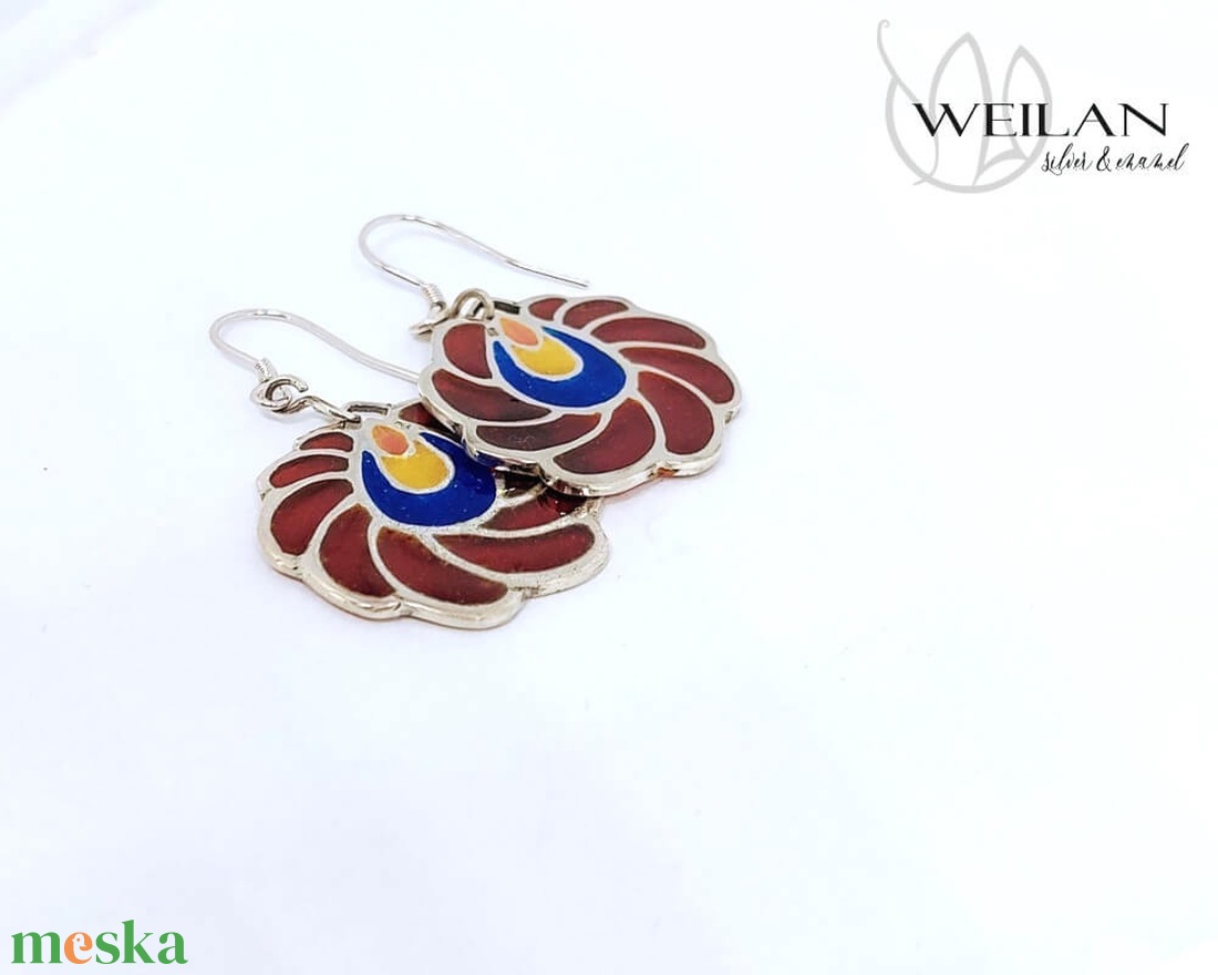 Tradíció - Matyó rózsa ezüst tűzzománc fülbevaló- Meska.hu