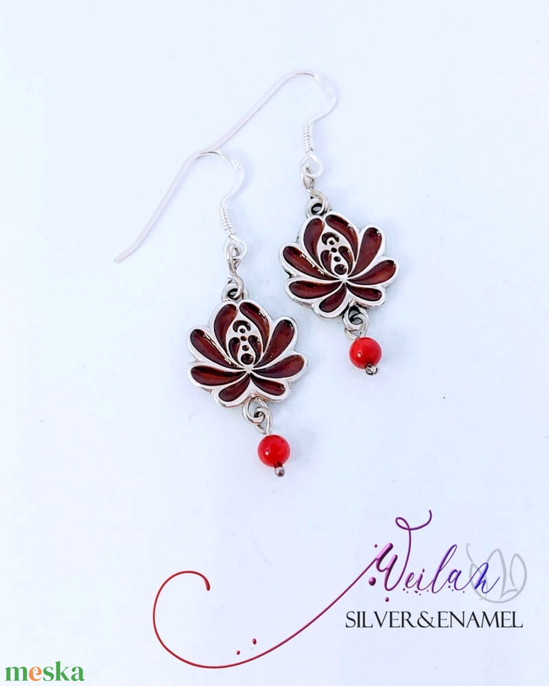 Tradició - Matyó - Rózsa ezüst tűzzománc fülbevaló, piros- Meska.hu