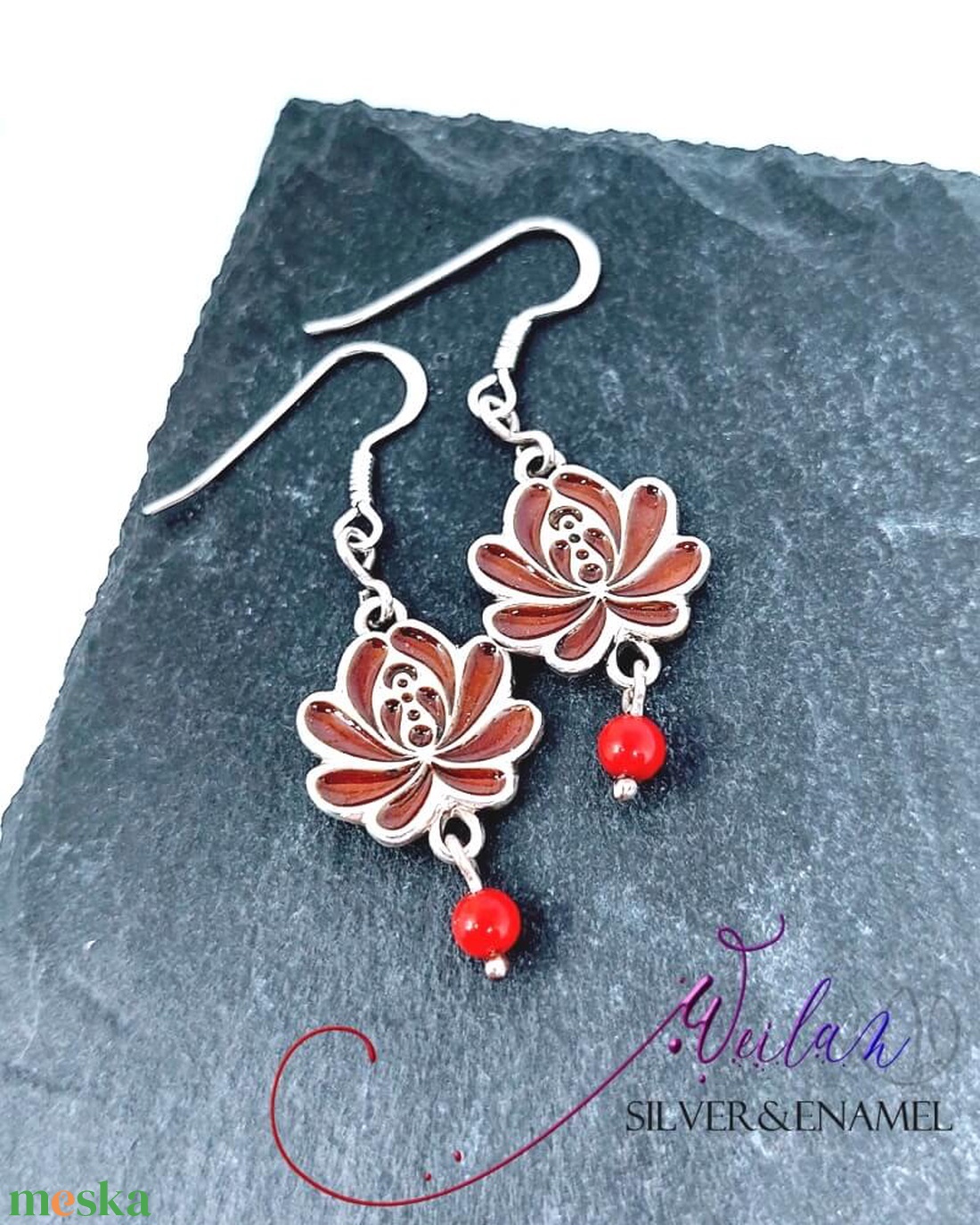 Tradició - Matyó - Rózsa ezüst tűzzománc fülbevaló, piros- Meska.hu