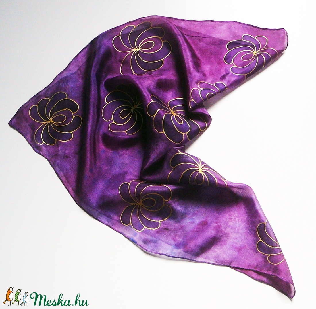 Kézzel festett színes SELYEMKENDŐ, matyó rózsa minta, lila, magenta ...