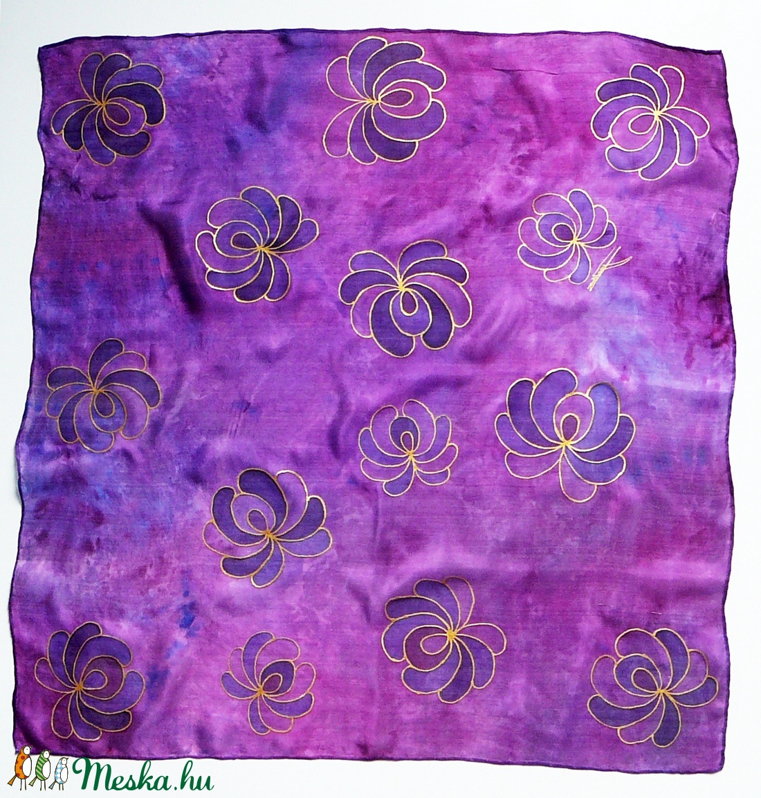 Kézzel festett színes SELYEMKENDŐ, matyó rózsa minta, lila, magenta ...