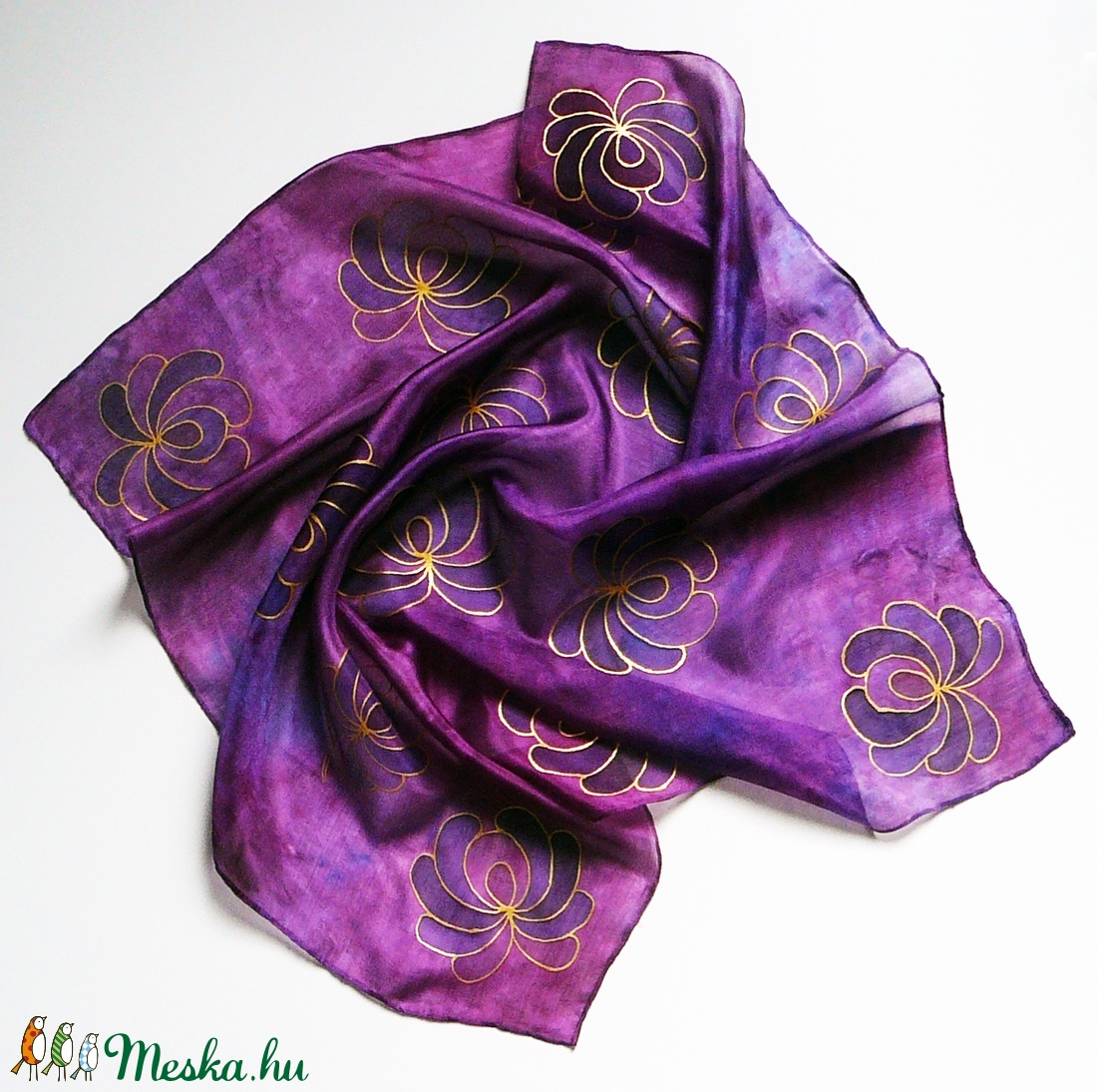 Kézzel festett színes SELYEMKENDŐ, matyó rózsa minta, lila, magenta ...