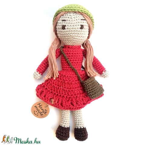 Piros ruhás horgolt baba világos zöld kalappal- Meska.hu