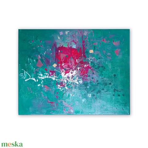Absztrakt türkiz, pink festmény hologrammal - 40 x 30cm - kortárs ...