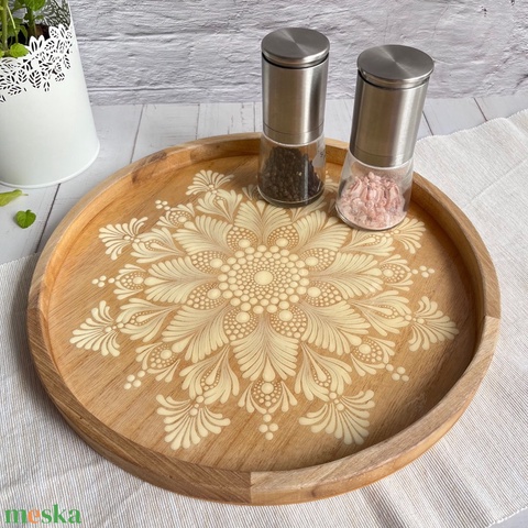 Mandala mintával festett fatálca - 35 cm ∅- Meska.hu
