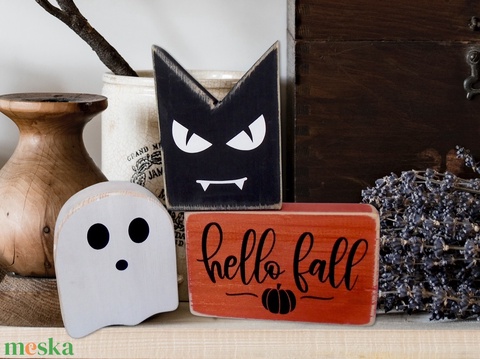 Őszi, Halloween dekoráció szett (3 db): Szellem, Denevér, Mini Tábla ...