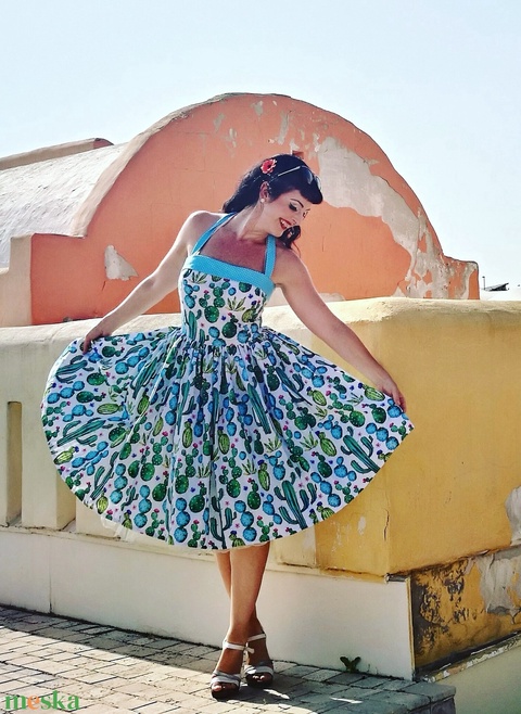 Pinup Rockabilly ruha, kaktusz mintás, virágos- Meska.hu
