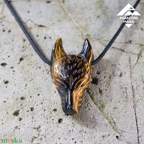 Farkas fej, férfi medál tigrisszem ásványból - paracord zsinóron, akár ...