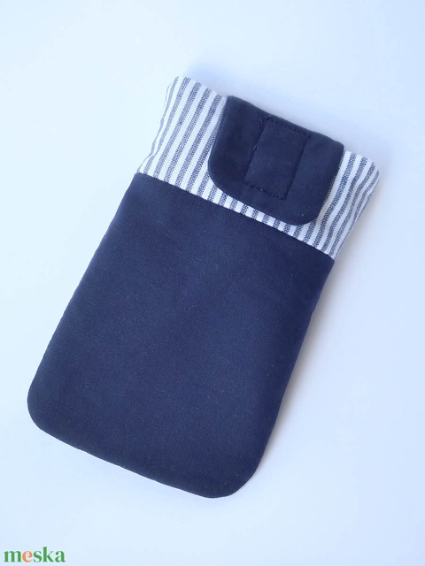Tengerészkék, csíkos, bélelt, textil telefontok- Meska.hu