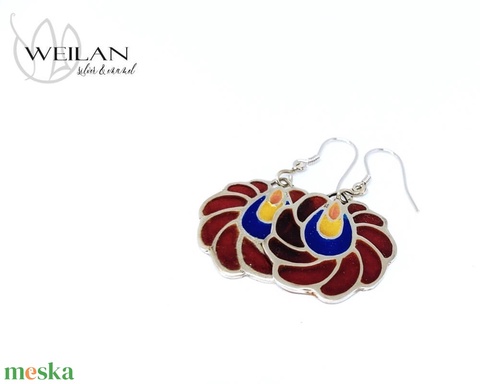 Tradíció - Matyó rózsa ezüst tűzzománc fülbevaló- Meska.hu